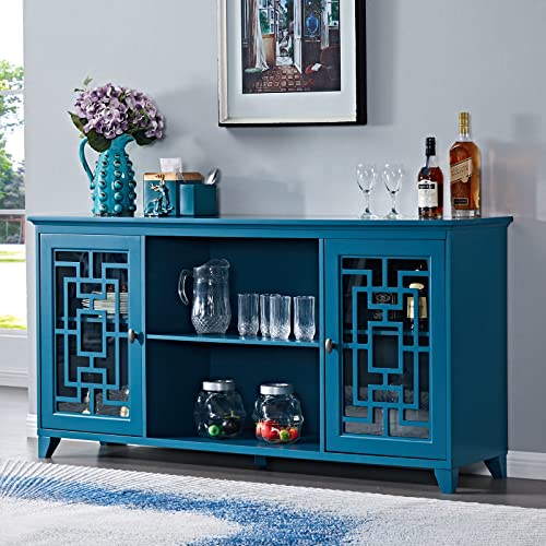 IINE'a 60 Inch Buffet Cabinet with Storage, Sideboard Buffet Cabinet, Accent Storage Cabinet, Buffet Table with 2 Doors and Adjustable Shelf for Entryway Kitchen Dining Room Living Room, Blue