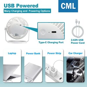 CML USB Desk Fan, 5 Inch Mini Personal Fan with 4 Speeds Brushless Motor, 360° Rotate Quiet Portable Cooling Table Fan for Home, Office, Desktop, Camping, Travel, Dorm, White