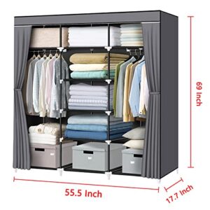 LOKEME 67 Inch Bundle with 55.5 Inch Portable Wardrobe Closet, Closet Oraganizr with 6 Hanging rods, Dust-Proof Cover, Non-Woven Fabric, Gray