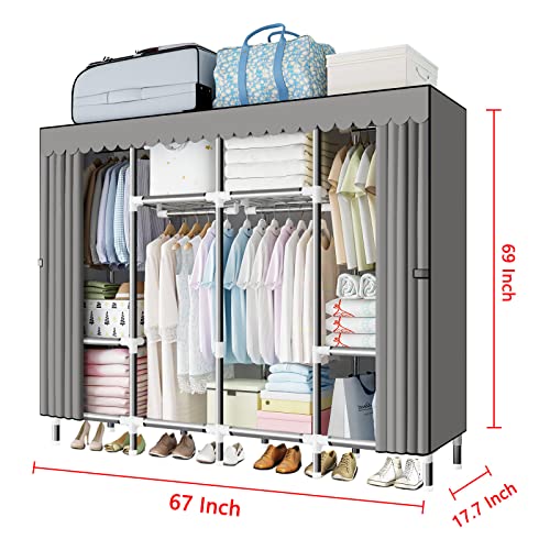 LOKEME 67 Inch Bundle with 55.5 Inch Portable Wardrobe Closet, Closet Oraganizr with 6 Hanging rods, Dust-Proof Cover, Non-Woven Fabric, Gray