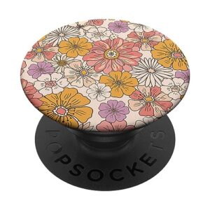 retro flowers meadow floral groovy 70s peach orange pink popsockets standard popgrip