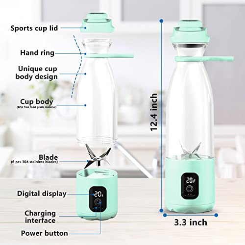 Blender for Smoothies, 300W Portable Blender with Pulse Technology and USB Magnetic Charging, KOBWA 20oz Personal Size Blender with a Removable Travel Bottle for Shakes,Ice, Frozen Fruit,Nuts(Light Blue, Bravo) (BravoS, Blue)