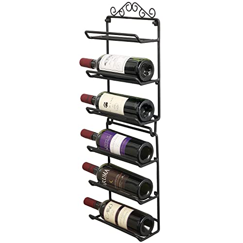 MyGift Wall Mounted Matte Black Metal Wine Rack with Vintage Scrollwork Design, Hanging 6 Bottle Wine Holder Display Rack, 2 Piece Set