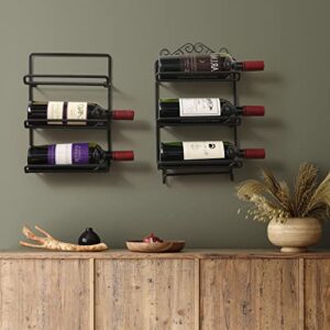 MyGift Wall Mounted Matte Black Metal Wine Rack with Vintage Scrollwork Design, Hanging 6 Bottle Wine Holder Display Rack, 2 Piece Set