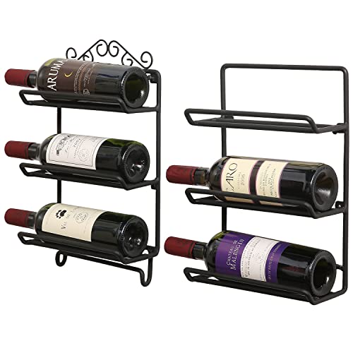 MyGift Wall Mounted Matte Black Metal Wine Rack with Vintage Scrollwork Design, Hanging 6 Bottle Wine Holder Display Rack, 2 Piece Set