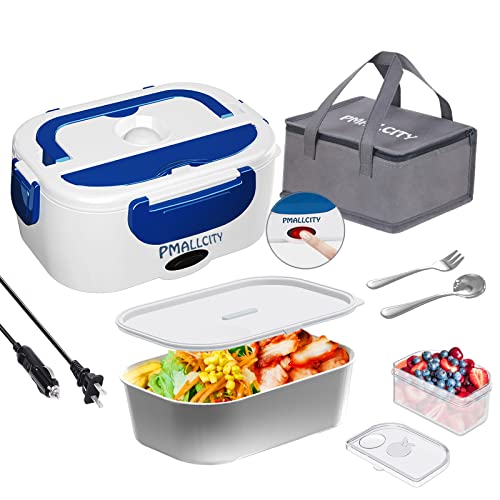 PMALLCITY 60W Electric Lunch Box with Power Switch for Adults, Portable Heated Lunch Boxes, 2023 Version Mini Microwave Food Warmer, 1.5L Stainless Steel Food Containers - Blue