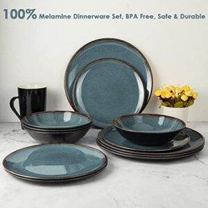 100% Melamine Dinnerware Sets 12 Piece Plate Bowl Set Dish Set For Outdoor & Indoor - Includes 4 Dinner Plates 4 Salad Plates and 4 Bowls Perfect For Every Day Use.