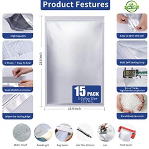 LinsKind 15 Pcs 5 Gallon Mylar Bags with 15 Pcs Individually Wrapped 2500CC Oxygen Absorbers for food storage, Zipper Resealable Heat Sealable Bags,24 Labels & 20 Pcs 1/2 Pint Mylar Bags(4 Colors)