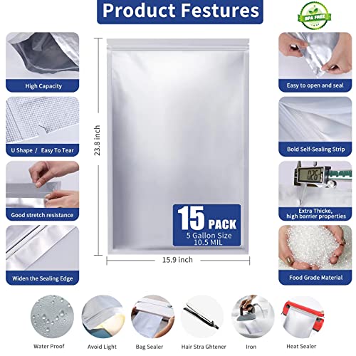 LinsKind 15 Pcs 5 Gallon Mylar Bags with 15 Pcs Individually Wrapped 2500CC Oxygen Absorbers for food storage, Zipper Resealable Heat Sealable Bags,24 Labels & 20 Pcs 1/2 Pint Mylar Bags(4 Colors)