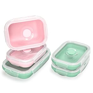 wolecok silicone collapsible food storage containers - foldable bento lunch boxes with bpa free airtight plastic lids,set of 5 pack