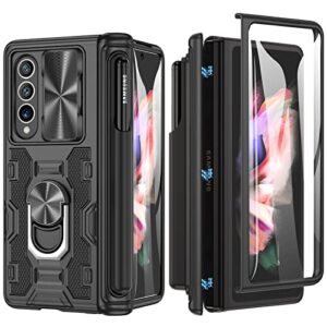 maxdara for z fold 3 case, with pen holder & hinge protection & slide camera cover & built-in screen protector & kickstand full-body dual layer case for samsung galaxy z fold 3 5g(black)