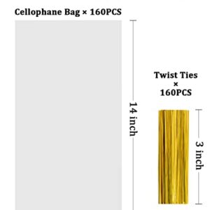 Labeol 160pcs Clear Cellophane Bags 7X14 Treat Bags with Ties Goodie Bags Clear Gift Bags for Packaging Popcorn Party Favor Cookie Candy Bakery Plastic Gift Wrap