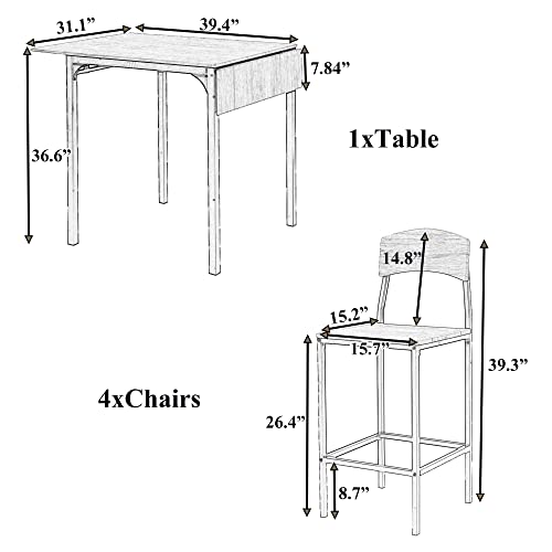 VilroCaz 5-Piece Counter Height Dining Table Set Bar Table Set, Farmhouse Drop Leaf Dining Table, 4 Counter Height Comfort Dining Chairs with Footrest, Space Saving Design (White Frame)