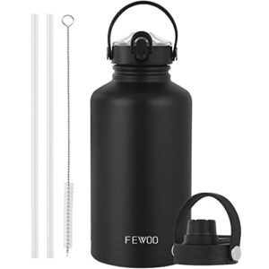 fewoo insulated water bottle 64 oz, half gallon stainless steel water flask, double wall vacuum metal water jug with straw leakproof sport lid and straw lid for hiking camping (64oz, black)