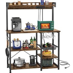 topfurny bakers rack with power outlet, microwave stand, kitchen storage shelf with wire basket, coffee bar station with wine glass holder, kitchen rack for spices, pots, and pans, rustic brown