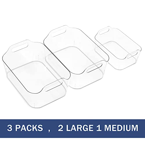 Clear Storage Bins for Organizing,3 Pack Large Size Kitchen Plastic Bin,Multi-Use Organizer Bins for Pantry/Home/Bathroom/refrigerator/Cabinet,The SOHO Collection with handles Stackable container