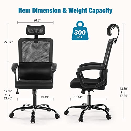 Ergonomic High Back Office Chair – Breathable Mesh Office Chair with Adjustable Headrest and Lumbar Support, Executive Chair with Padded Armrest, Height Adjustable Computer Task Chair Swivel Rolling