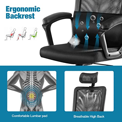 Ergonomic High Back Office Chair – Breathable Mesh Office Chair with Adjustable Headrest and Lumbar Support, Executive Chair with Padded Armrest, Height Adjustable Computer Task Chair Swivel Rolling