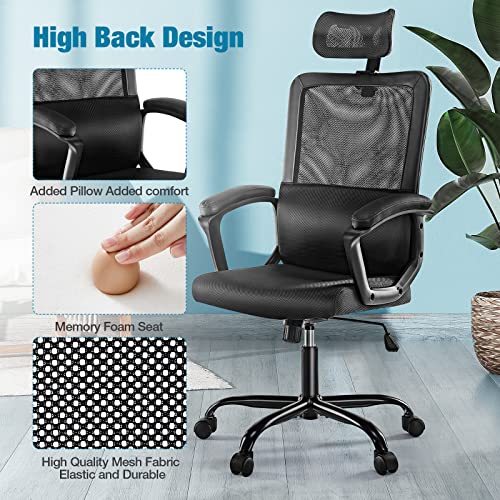 Ergonomic High Back Office Chair – Breathable Mesh Office Chair with Adjustable Headrest and Lumbar Support, Executive Chair with Padded Armrest, Height Adjustable Computer Task Chair Swivel Rolling