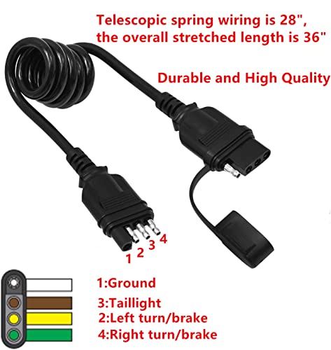 4 Pin Trailer Plug Play Extender Wiring Extension Harness 4 Way Male and Female Wiring Harness Adapter Coiled Extension Wiring Cable 28"