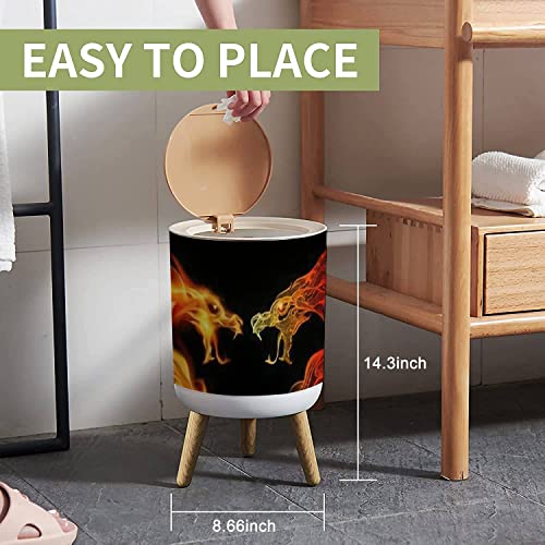 OJNR36WKPD Small Trash Can with Lid Two Dragon Heads Fire Transperent Ornaments Round Garbage Can Press Cover Wastebasket Wood Waste Bin for Bathroom Kitchen Office 7L/1.8 Gallon