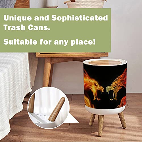 OJNR36WKPD Small Trash Can with Lid Two Dragon Heads Fire Transperent Ornaments Round Garbage Can Press Cover Wastebasket Wood Waste Bin for Bathroom Kitchen Office 7L/1.8 Gallon