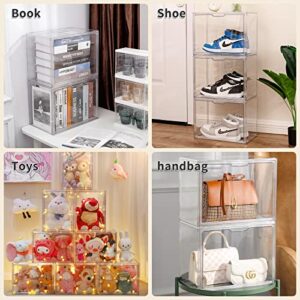 FABROK Clear Book Storage Organizer Box, Plastic Stackable Book Display Case with Magnetic Door, Assemble Storage Showcase for Toy Dolls, Books, Handbags, Shoes Organizing