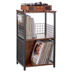 honkazita record player stand, vinyl record storage table with 2-tier record player cabinet for albums, vinyl storage end table turntable stand record display table for bedroom living room, brown