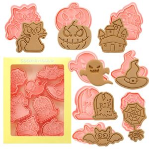 crethinkaty halloween cookie cutters-8pieces halloween cookie cutters and stamps,plastic halloween cookie cutter set,pumpkin,ghost,cat,castle,tombstone,bat,spider,hat-3d halloween cookie molds.