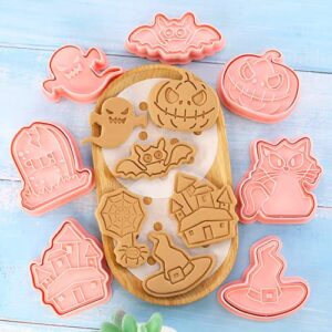 Crethinkaty Halloween Cookie Cutters-8Pieces Halloween Cookie Cutters and Stamps,Plastic Halloween Cookie Cutter Set,Pumpkin,Ghost,Cat,Castle,Tombstone,Bat,Spider,Hat-3D Halloween Cookie Molds.