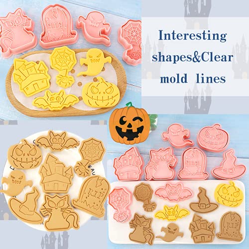 Crethinkaty Halloween Cookie Cutters-8Pieces Halloween Cookie Cutters and Stamps,Plastic Halloween Cookie Cutter Set,Pumpkin,Ghost,Cat,Castle,Tombstone,Bat,Spider,Hat-3D Halloween Cookie Molds.