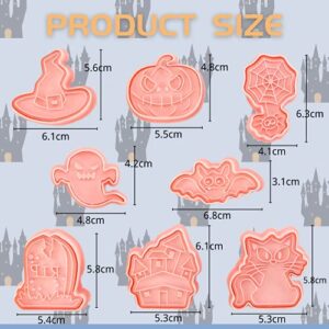 Crethinkaty Halloween Cookie Cutters-8Pieces Halloween Cookie Cutters and Stamps,Plastic Halloween Cookie Cutter Set,Pumpkin,Ghost,Cat,Castle,Tombstone,Bat,Spider,Hat-3D Halloween Cookie Molds.