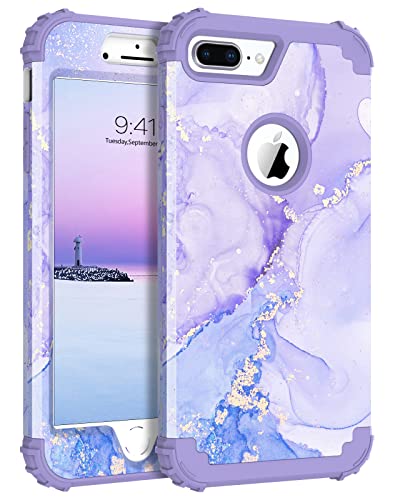 BENTOBEN iPhone 8 Plus/iPhone 7 Plus Case, Phone Case Heavy Duty 3 in 1 Full Body Rugged Shockproof Hybrid Hard PC Bumper Drop Protective Girls Women iPhone 8 Plus/7 Plus Cover, Purple Marble Design