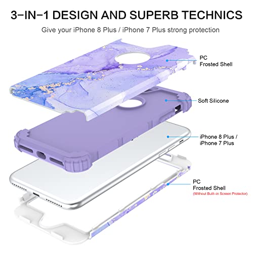 BENTOBEN iPhone 8 Plus/iPhone 7 Plus Case, Phone Case Heavy Duty 3 in 1 Full Body Rugged Shockproof Hybrid Hard PC Bumper Drop Protective Girls Women iPhone 8 Plus/7 Plus Cover, Purple Marble Design