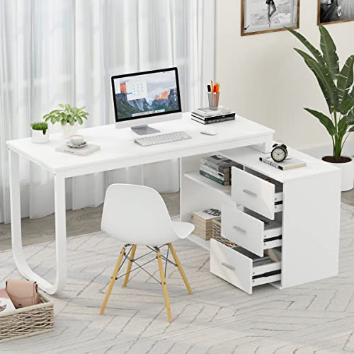 AIEGLE L-Shaped Computer Desk with 3 Drawers & Adjustable Shelves, Corner Study Desk Writing Table, Executive Workstation for Home Office, White (55.1" L x 41.3" W x 29.5" H)