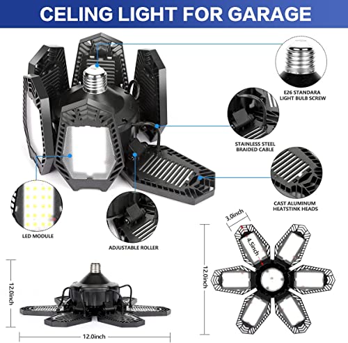 Luyata LED Garage Lights, 160W Deformable LED Garage Ceiling Light Shop Lights Bulbs with 6 Adjustable Panels for Garage Workshop Basement Support E26/E27 Screw Socket