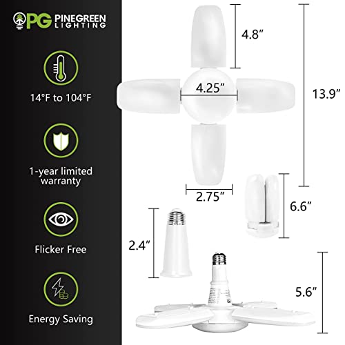 Pinegreen Lighting LED Garage Light, Energy Efficient 65W Deformable 6000LM Bright Daylight 6500K 4 Adjustable Panels Shop Light 6000 Lumen for Garage Laundry Basement E26 (2 Pack)