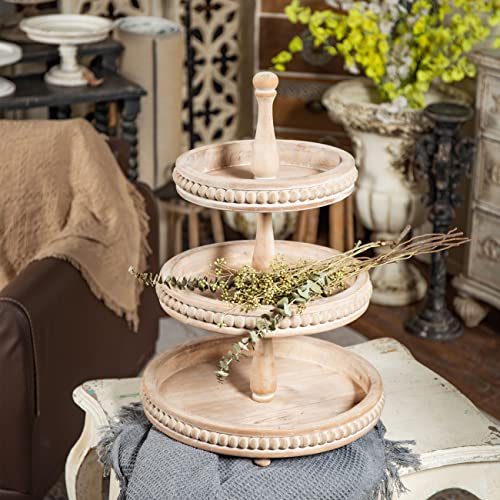 Handcrafted-Beaded Tiered Tray Stand, 3 Tier Serving Tray Distressed Brown, Rustic Tiered Serving Tray, Wood Tiered Tray Decor Items for Coffee Bar, Kitchen Counter, Dining Room Table, Easter