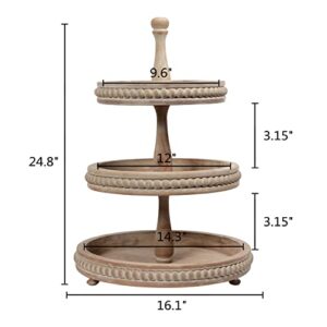 Handcrafted-Beaded Tiered Tray Stand, 3 Tier Serving Tray Distressed Brown, Rustic Tiered Serving Tray, Wood Tiered Tray Decor Items for Coffee Bar, Kitchen Counter, Dining Room Table, Easter