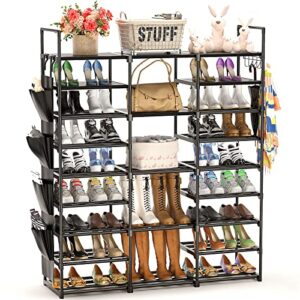 large shoe rack organizer storage, 9 tier tall shoes rack for entryway closet, 60 pair shoe organizer shelf stand, big black metal free standing shoe cabinet rack tower for bedroom cloakroom hallway