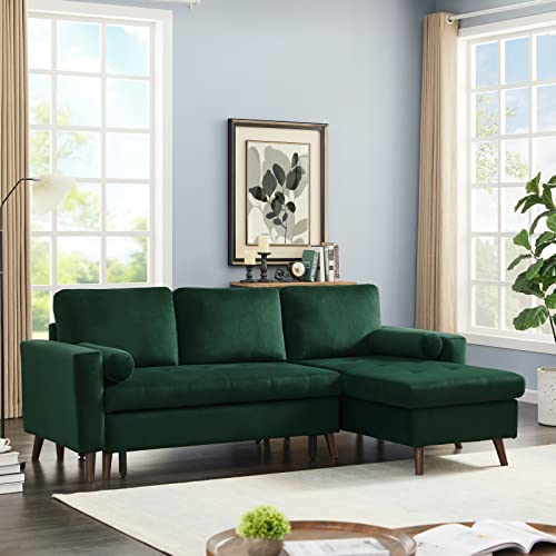 Takefuns Modern Sectional Storage Sofa Bed, Reversible Velvet Upholstered Sectional Sleeper Sofa with Storage Chaise and Wooden Legs, for Living Room, Green