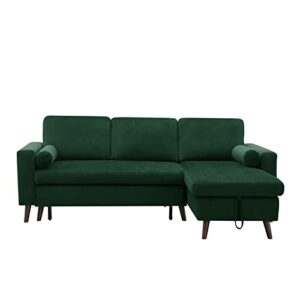 Takefuns Modern Sectional Storage Sofa Bed, Reversible Velvet Upholstered Sectional Sleeper Sofa with Storage Chaise and Wooden Legs, for Living Room, Green