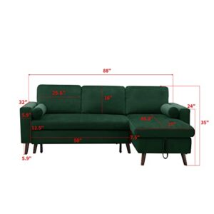 Takefuns Modern Sectional Storage Sofa Bed, Reversible Velvet Upholstered Sectional Sleeper Sofa with Storage Chaise and Wooden Legs, for Living Room, Green