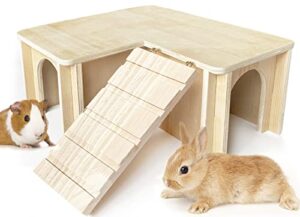 chngeary guinea pig hideout and house: multi chamber wooden guinea pig castle with ladder, cage accessories for chinchilla dwarf rabbits hamster bunny and others