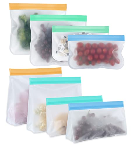 Reusable Food Storage Bags - Axbima 8 PACK PEVA Reusable Freezer Bags for Sandwich - Stand-up Reusable Snack Zip lock bags for Home/Travel Meat Fruit Vegetables Cereal Nuts (Multicolored)