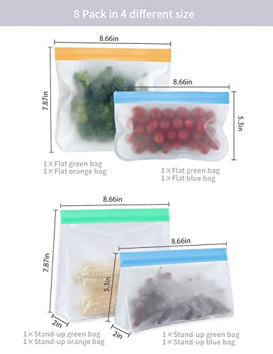 Reusable Food Storage Bags - Axbima 8 PACK PEVA Reusable Freezer Bags for Sandwich - Stand-up Reusable Snack Zip lock bags for Home/Travel Meat Fruit Vegetables Cereal Nuts (Multicolored)