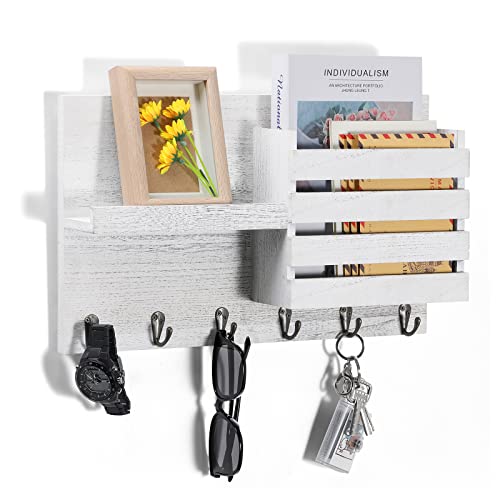 PINPON Wall Mounted Mail Holder Wood Key Holder and Mail Sorters with 6 Hooks Wall Key Hanger Letter Bills Magazine Organizer Rack for Farmhouse Entryway Hallway Office, Rustic White