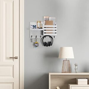 PINPON Wall Mounted Mail Holder Wood Key Holder and Mail Sorters with 6 Hooks Wall Key Hanger Letter Bills Magazine Organizer Rack for Farmhouse Entryway Hallway Office, Rustic White