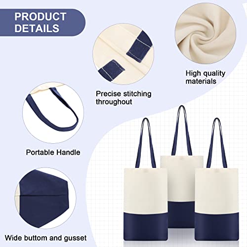 16 Pack Canvas Tote Bags Cotton Grocery Totes Navy Blue and Natural Large Shopping Totes Bags Reusable Canvas Bags Bulk with Handle for Women Men Kitchen DIY Multipurpose Totes Set