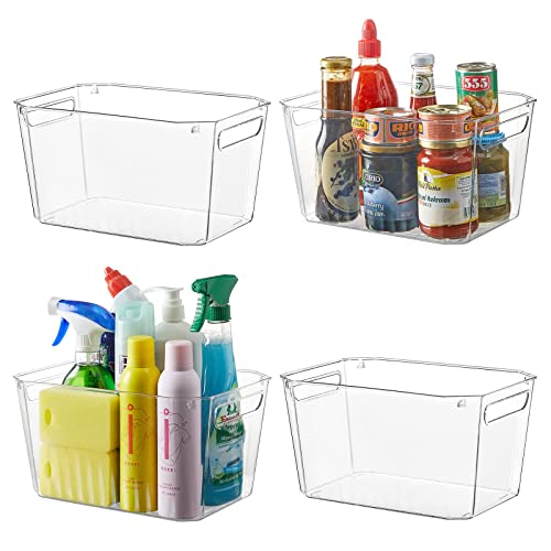 Lifewit 4pcs Large Storage Organizer Bins for Pantry Kitchen, Clear Plastic Storage Basket Set with Handle for Laundryroom Bathroom Cabinet Countertop Organize